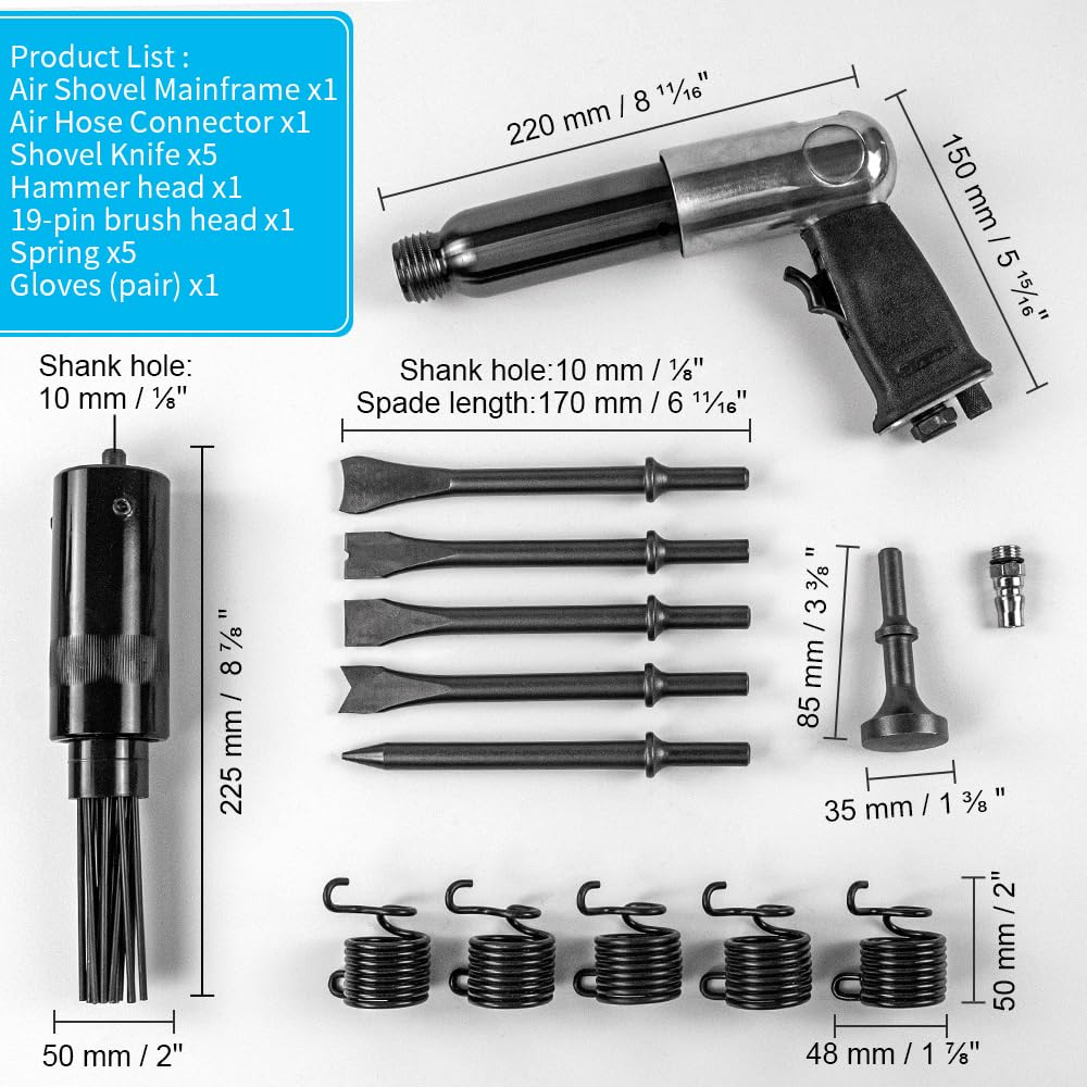 BAUSATZ Air hammer Heavy Duty 220mm long barrel air chisel kit with 5pcs chisels Needle Scaler Attachment with 19pcs Needles,5000BPM air chisel for shoveling and cutting (JBCXJ01)