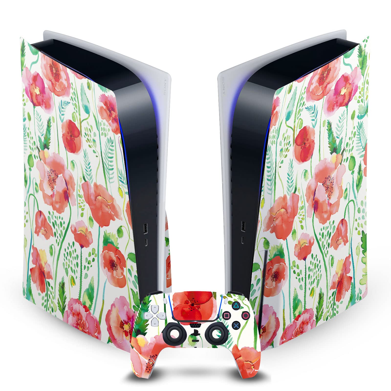 Head Case Designs Officially Licensed Ninola Red Flower Art Mix Vinyl Faceplate Sticker Gaming Skin Decal Cover Compatible with Sony Playstation 5 PS5 Disc Edition Console & DualSense Controller