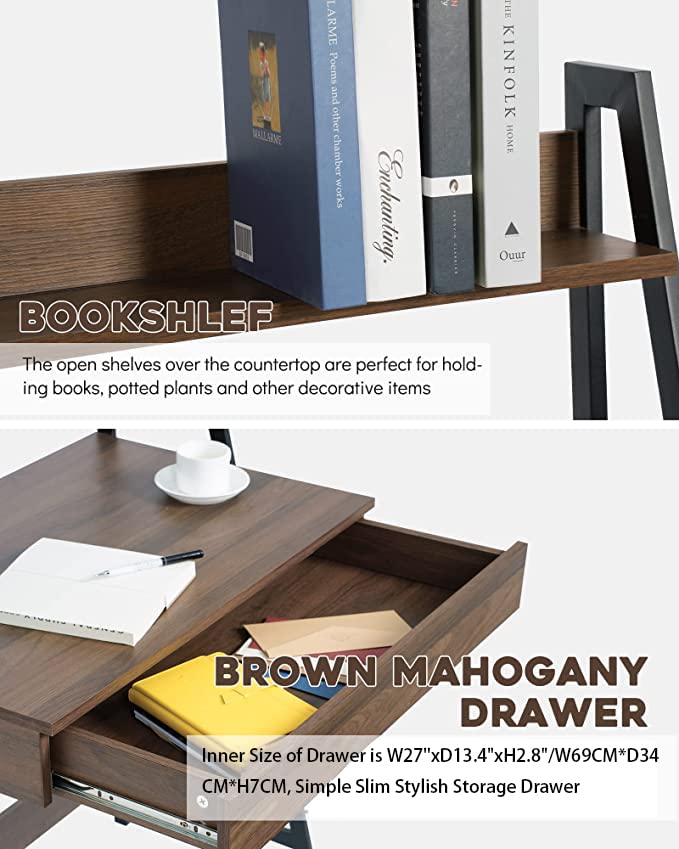 DEILALY 2 Tier Ladder Desk Computer Desk Escritorio para Computadora Desk Shelf Study Desk with Drawer Gaming Desk Study Table W31.5 PC Small Desk Metal Frame Home Office Bedroom
