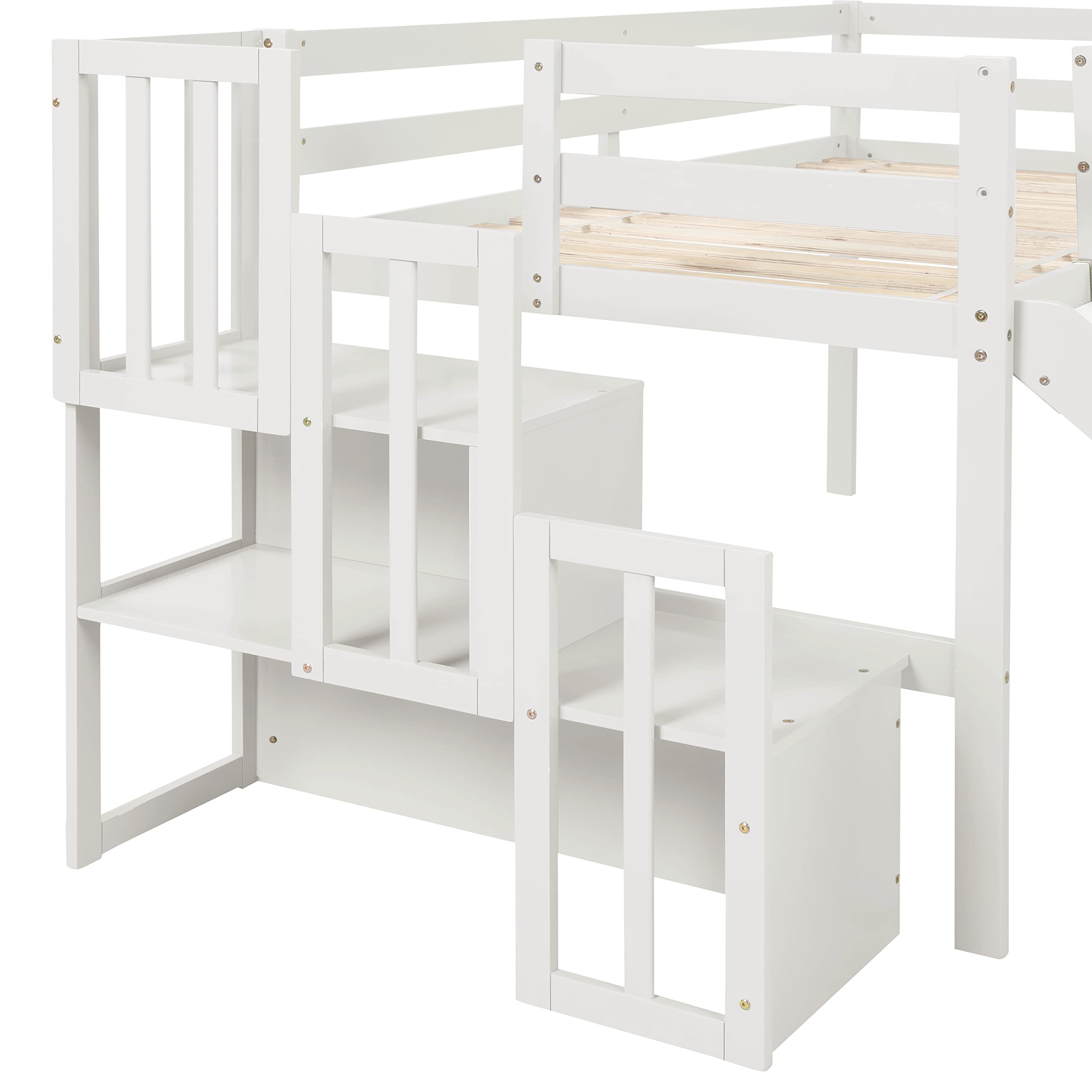 Bellemave Low Loft Bed for Kids,Twin Size Loft Bed with Slide and Storage Staircase,Wood Loft Bed Frame for Boys Girls Teens(White)