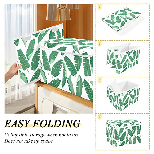 CaTaKu Green Banana Leaves Storage Bins with Lids and Handles, Fabric Large Storage Container Cube Basket with Lid Decorative Storage Boxes for Organizing Clothes