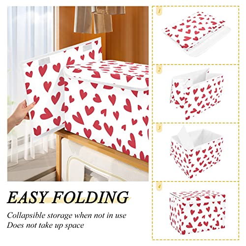 CaTaKu Heart Red Cute Storage Bins with Lids and Handles, Fabric Large Storage Container Cube Basket with Lid Decorative Storage Boxes for Organizing Clothes