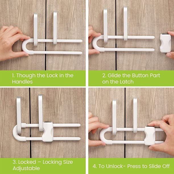 Baby Proofing Sliding Cabinet Locks - YAWALL Adjustable U Shaped Baby Safety Latches for Wardrobe, Kitchen,Bathroom,Drawer,Fridge,Cupboard Doors Knobs & Handles (4Pack White)