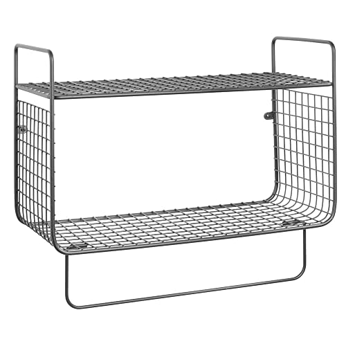 mDesign Steel Wall Mount Towel Rack Storage Organizer Shelf Holder with Towel Bar - for Bathroom, Laundry Room, Kitchen, Garage - Holds Hand Towels, Washcloth - Concerto Collection - Graphite Gray