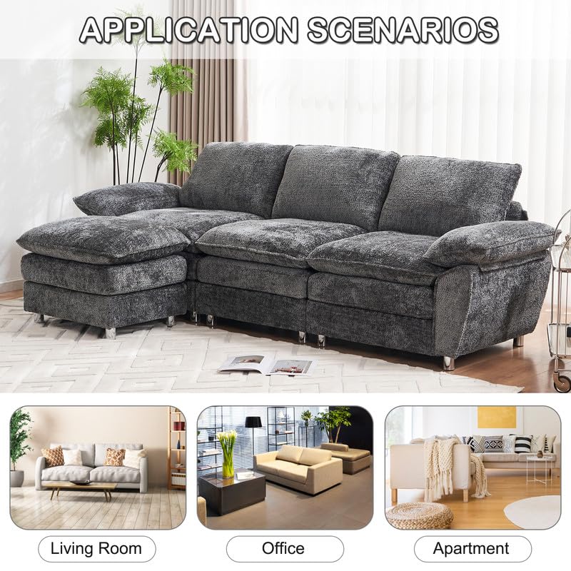 AZSJML 101'' Sectional Cloud Sofa Couch, Chenille L-Shaped Deep Seat Modular Sofa Couch for Living Room, Modern Upholstered 3-Seat Sofa with Ottoman, Comfy Oversized Couch for Apartment, Grey-1
