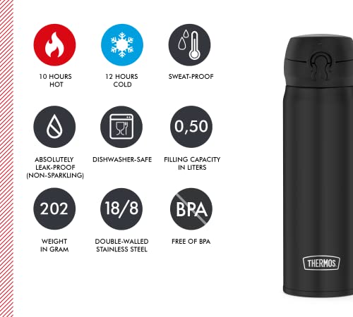 THERMOS 4035.232.050 Ultralight Thermos Flask, Black, 500 ml, Extremely Lightweight, 210 g, Drinking Bottle, Dishwasher Safe, Thermos Flask Keeps Hot for 10 Hours, Cold for 20 Hours, BPA-Free