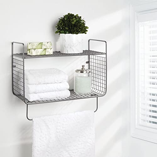 mDesign Steel Wall Mount Towel Rack Storage Organizer Shelf Holder with Towel Bar - for Bathroom, Laundry Room, Kitchen, Garage - Holds Hand Towels, Washcloth - Concerto Collection - Graphite Gray