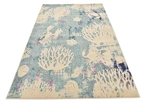 Unique Loom Positano Collection Coastal Modern Coral Lobster Shells Light Blue Area Rug (5' x 8')
