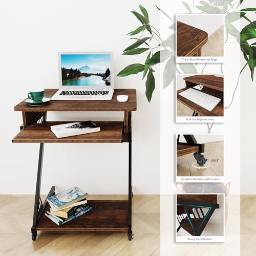 ALISENED Computer Desk for Small Spaces,23.6" Z-Shaped Compact Study Table with Smooth Keyboard Tray,with Wheels and Bottom Shelves for Home Office,Computer Cart Mobile Laptop Cart