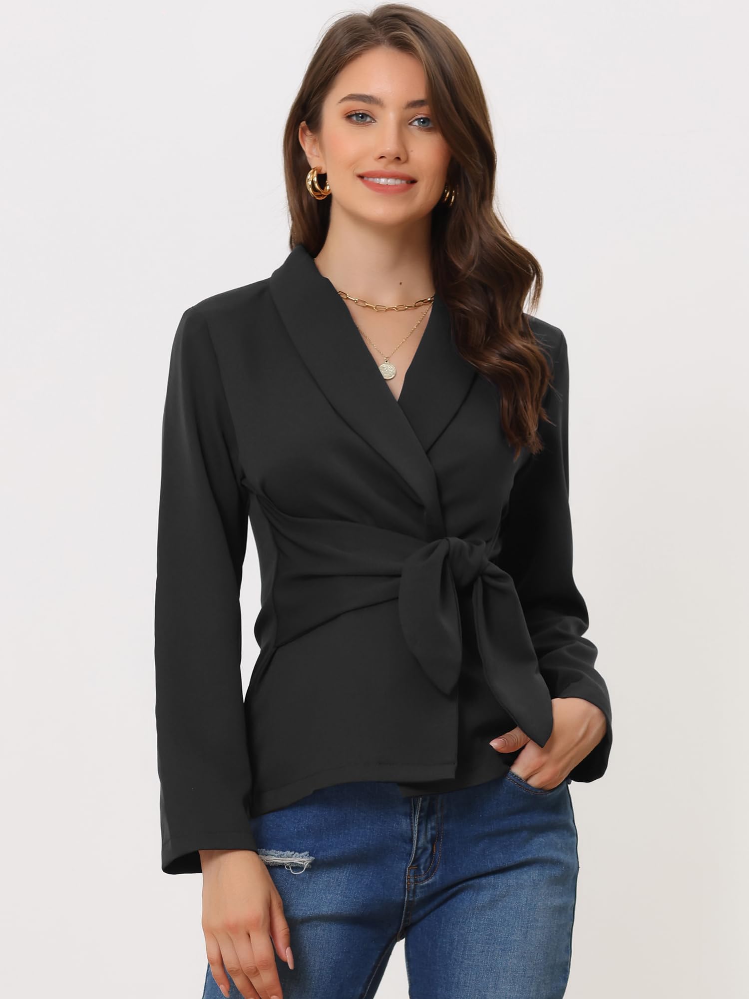 Allegra K Women's Elegant Blazer Lightweight Jacket Tie Front Shawl Collar Long Sleeve Top Large Navy Blue