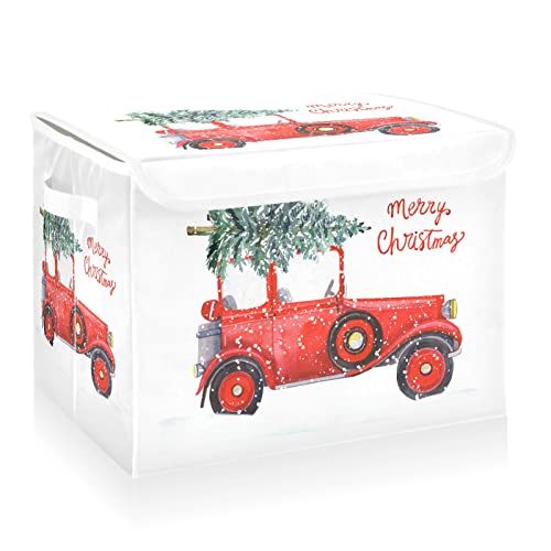 CaTaKu Retro Truck Tree Storage Bins with Lids and Handles, Fabric Large Storage Container Cube Basket with Lid Decorative Storage Boxes for Organizing Clothes