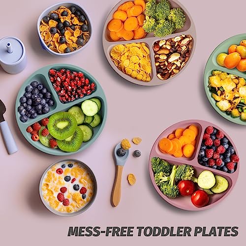 ME.FAN Suction Plates [4 Pack] Toddler Plates for Babies & Toddlers, Food Grade Silicone Baby Plates with Divided Design, Stay Put with 4 Suction Cups for Self Feeding
