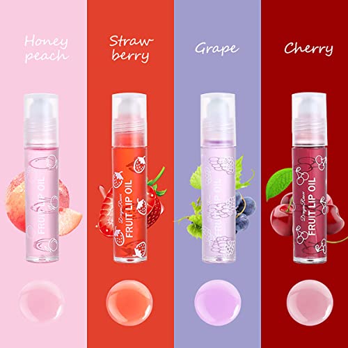Alisesun 4 Pcs Fruit Roll-on Lip Gloss Set, Clear Lip Gloss Crystal Jelly Liquid Lipstick, Plumping Lip Oil Moisturizing Hydrating Non-Sticky, Nice Gift for Women Girl