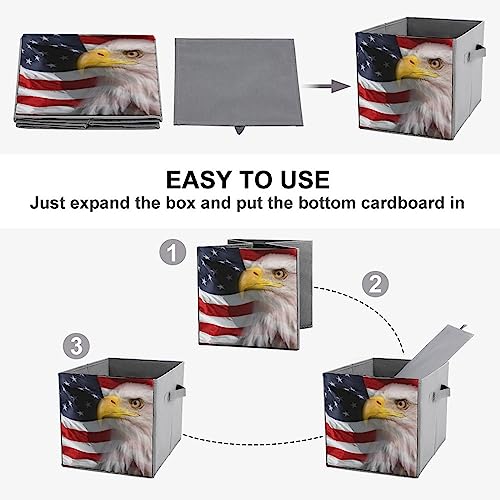 American Bald Eagle USA Flag Storage Cubes with Handles Foldable Fabric Bins Organizing Baskets for Shelves Closet