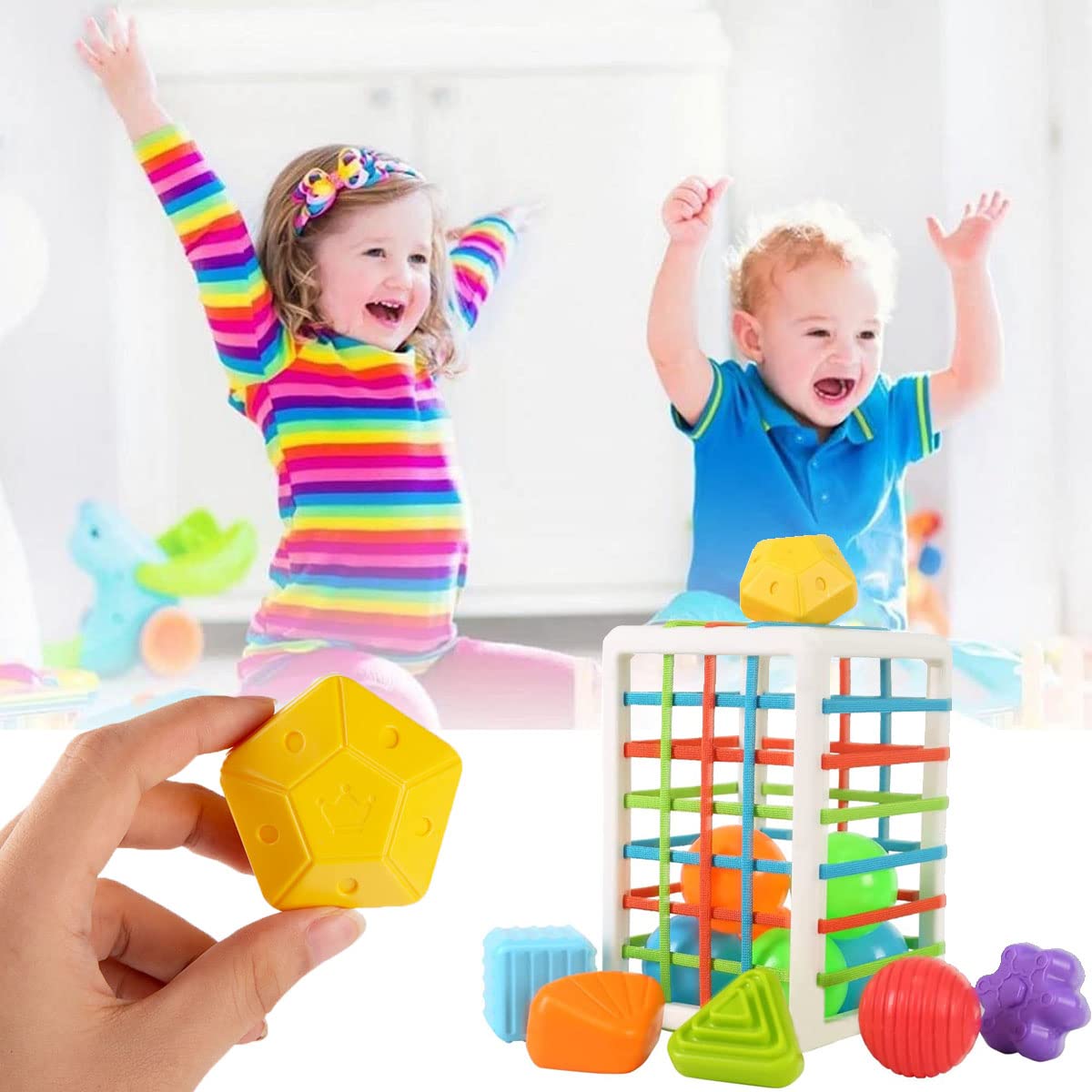 Ingooood Baby Shape Sorting Toy,Sensory Sorting Bin with Elastic Bands,Montessori Toys for 1-3 Year Old (Classic-12 Piece)