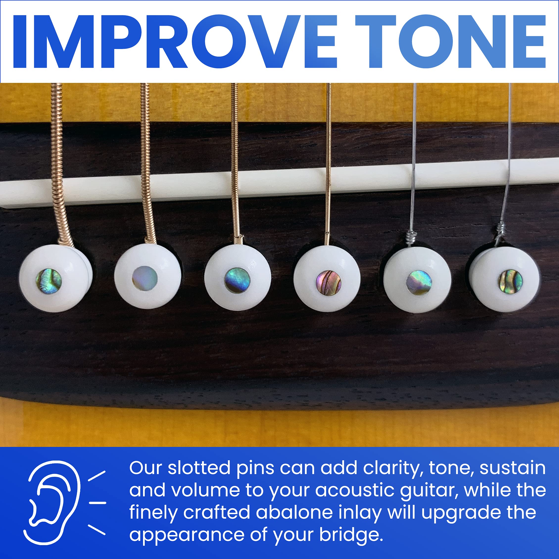 Crosby Slotted Pure Bone Bridge Pins with Abalone Dot Inlay for 6 & 12 String Acoustic Guitar