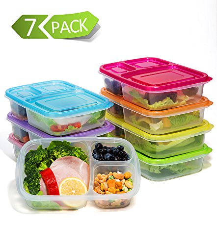 Meal Prep Containers 7-16 Pack Bento Lunch Boxes - 3 Compartment Food Storage Container with Lids (Colorful, 7-3)