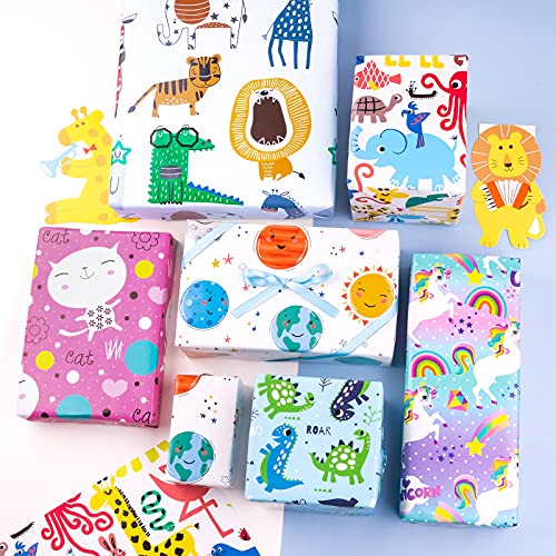 BIOBROWN Blue Wrapping Paper Sheet FoldedĀ Flat 6 Different Adorable Animal Design (45.2 sq ft.TTL) 27.5 inch X 39.4 inch Per Sheet