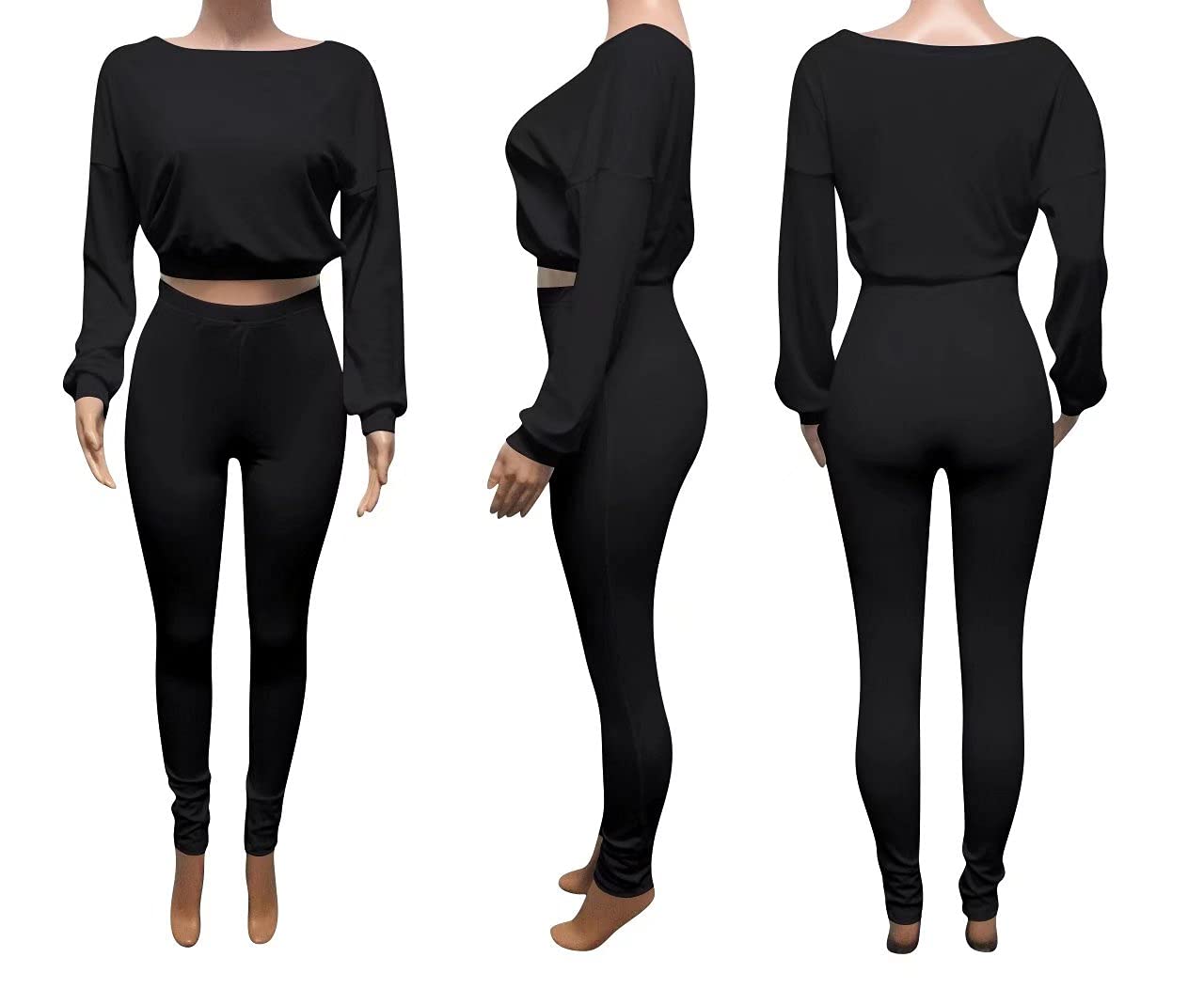 Annystore Women Sexy Fall Rib Knit Pullover Crop Tops Bodycon Long Jogger Pants Set 2 Piece Outfits Sweatsuits Tracksuit Black S