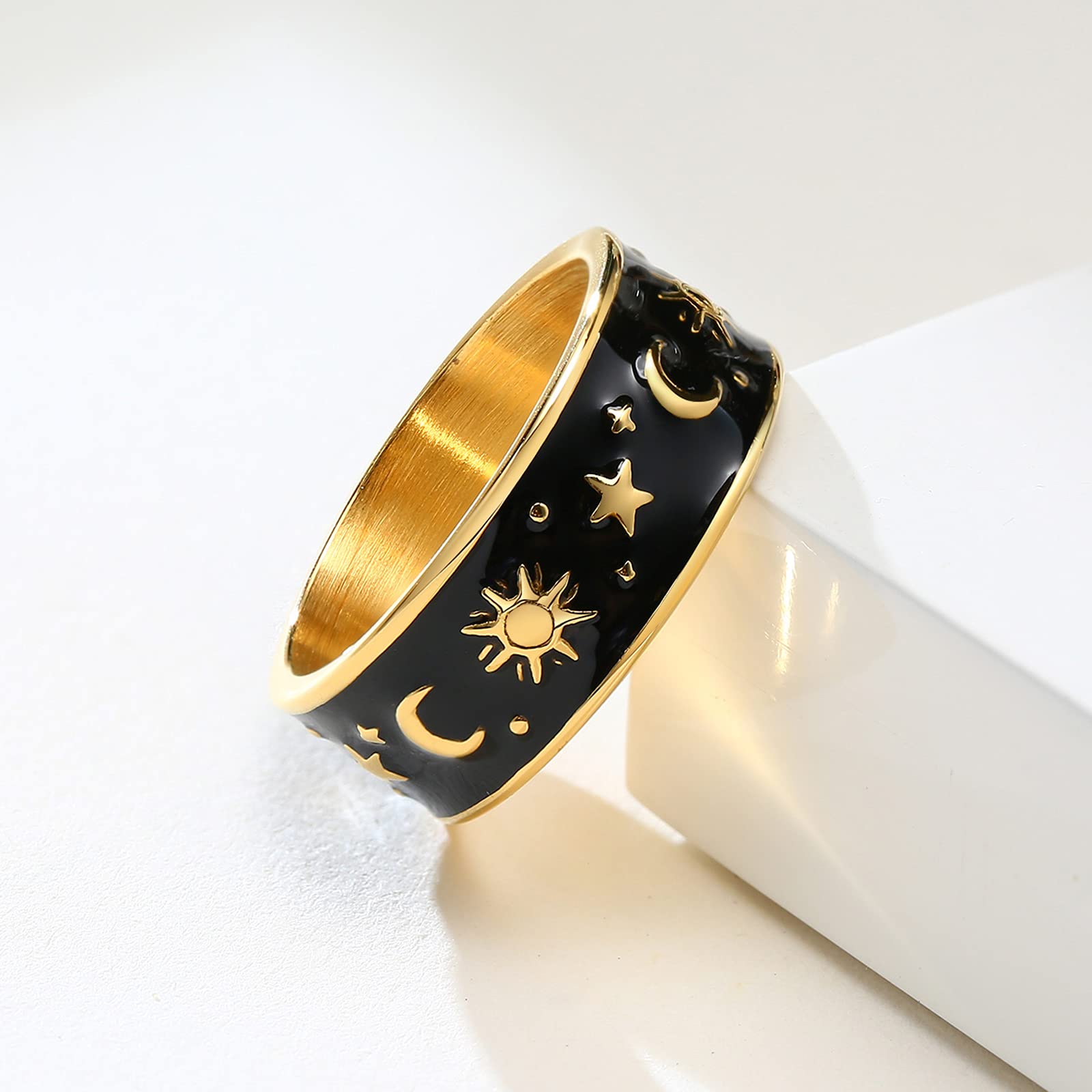 ANIEJUFI Stainless Steel Moon Star Sun Statement Ring Promise Engagement Wedding Rings Band for Men Women Black Gold Size 7