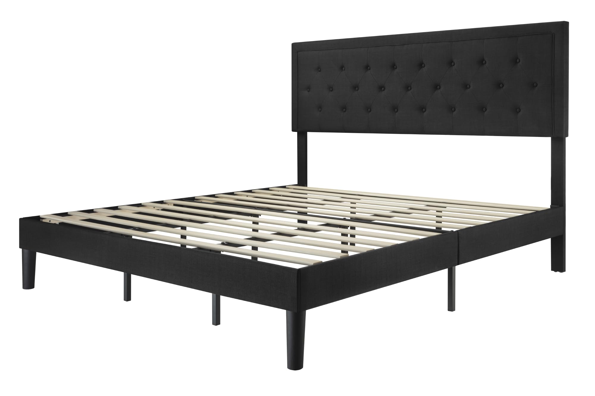 Allewie King Size Bed Frame Upholstered Platform Bed with Adjustable Headboard, Button Tufted, Wood Slat Support, Easy Assembly, Black