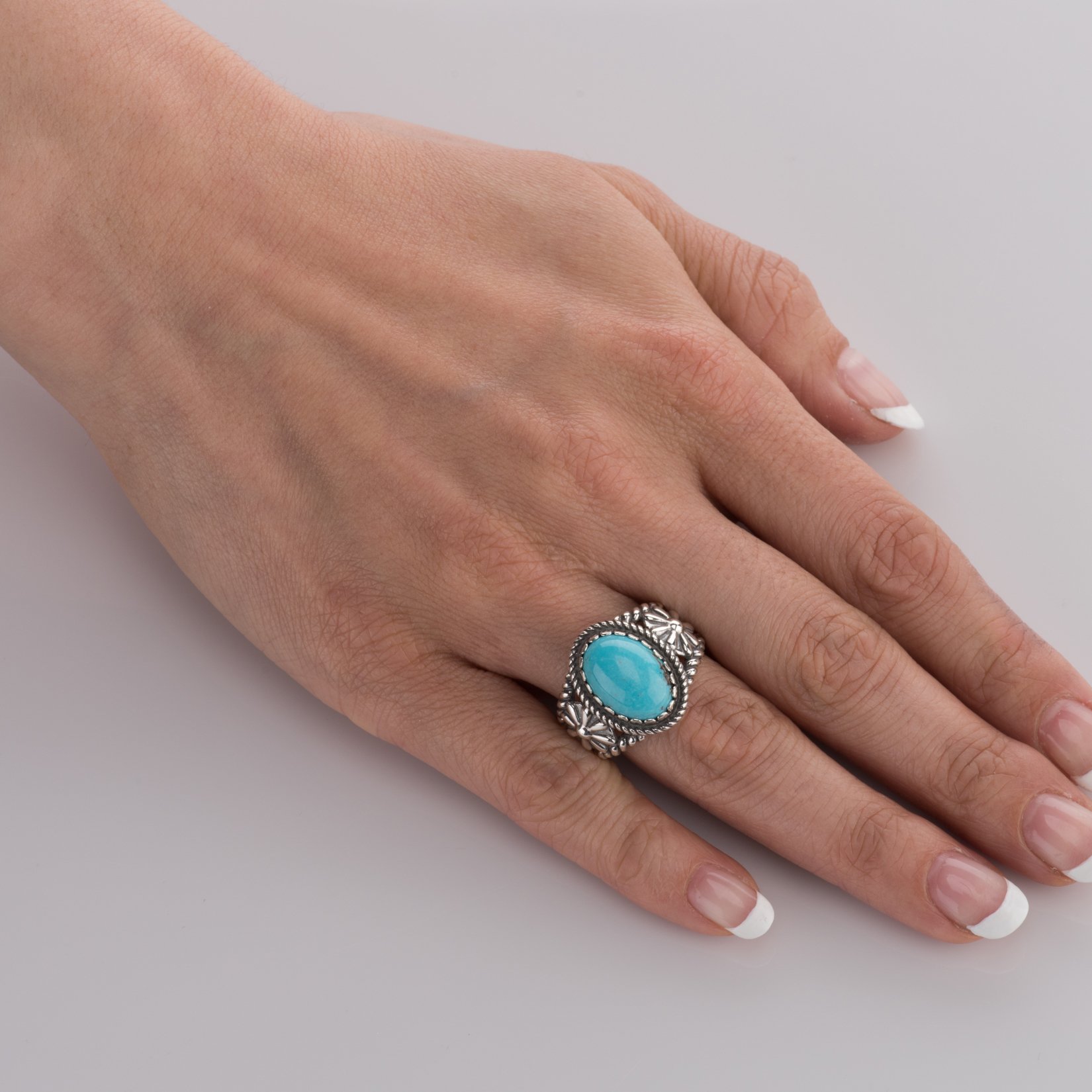 American West Jewelry Sterling Silver Women's & Men's Ring Blue Turquoise Gemstone Native-Inspired Flower Design Size 9
