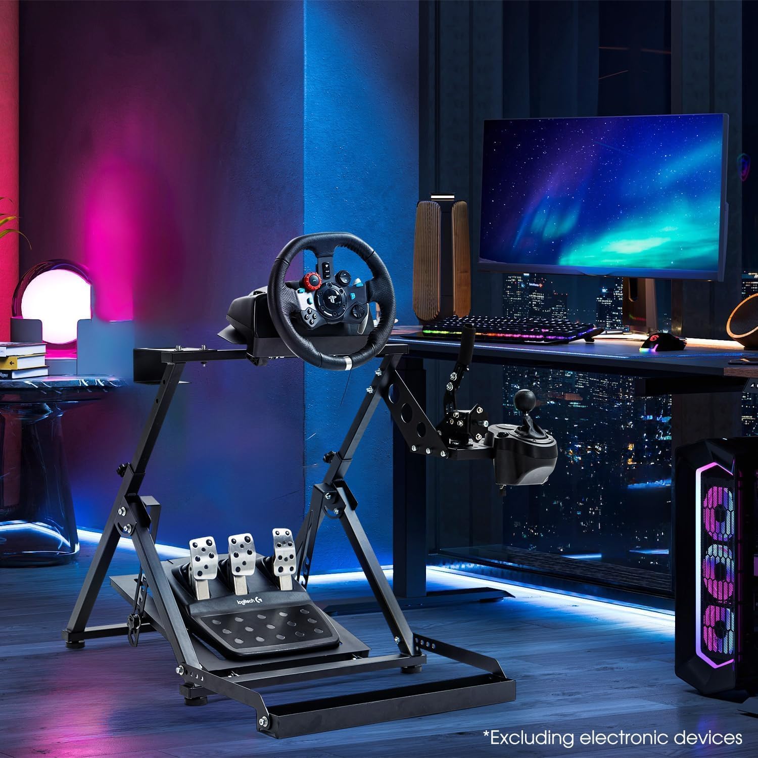 Hottoby X-Shaped Foldable Racing Steering Wheel Stand With Seat Fixing Slot and Water Cup Holder Fit for Logitech/Thrustmaster/Moza G29, G920, G923, T300RS Adjustable Racing Simulator Cockpit No Wheel