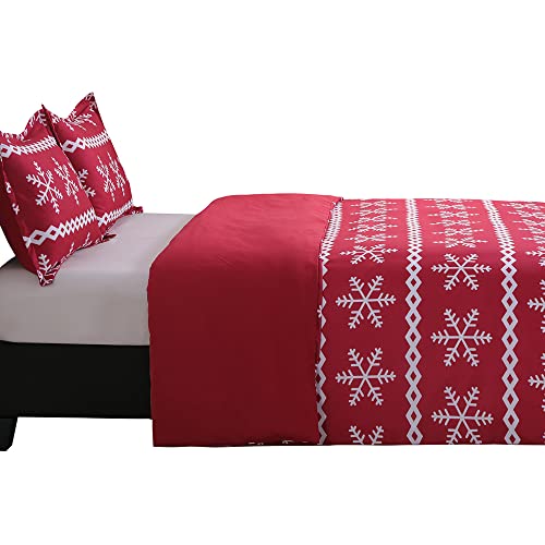Dykoos Christmas Soft Brushed Microfiber Duvet Cover Set, Holiday Themed Snowflakes, Red and White, Queen Size with Zipper Closure, 1 Duvet Cover and 2 Pillow Shams