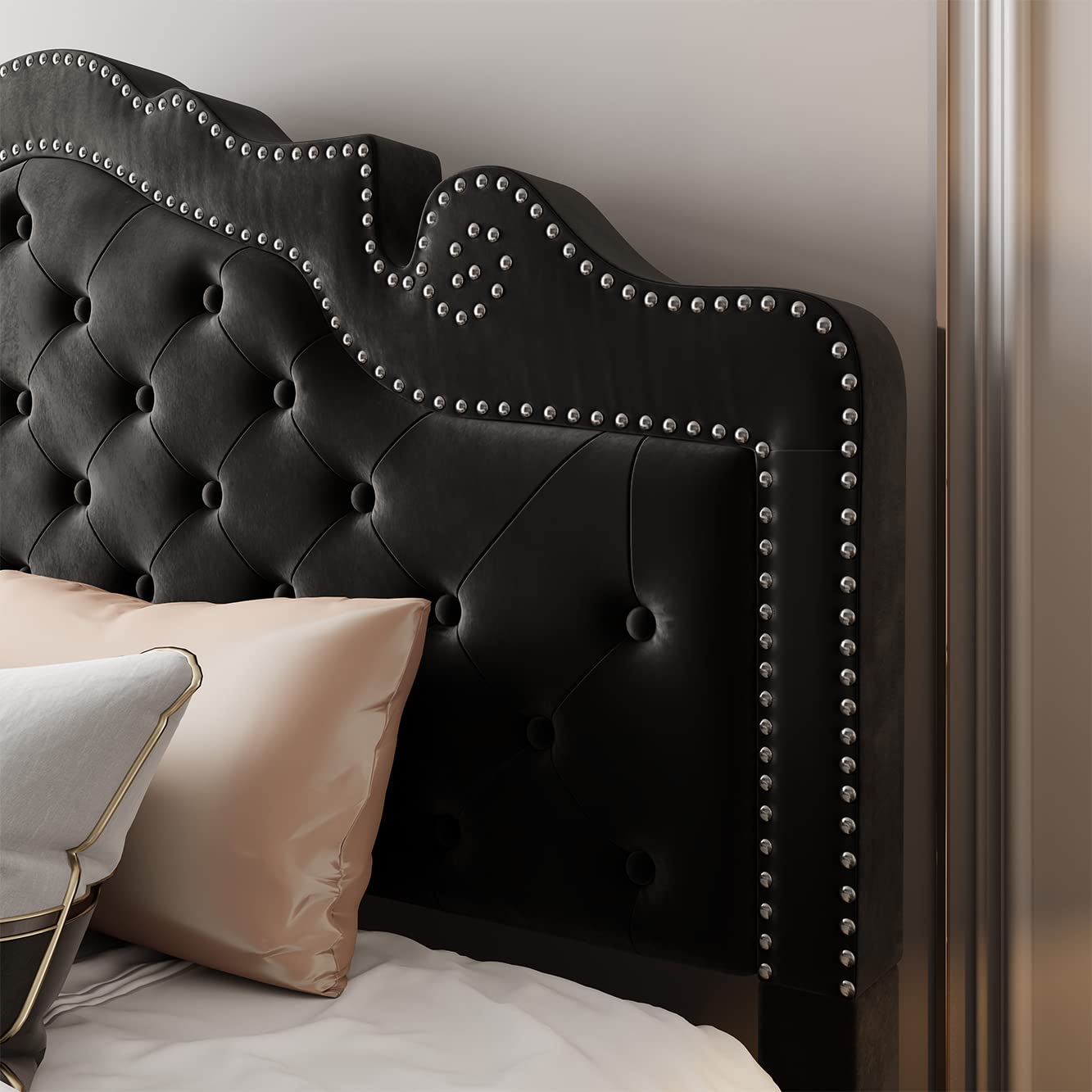 Allewie Queen Bed Frame with Velvet Tiara Headboard, Upholstered Diamond Button Tufted Platform Bed, Sturdy Wood Slats Support, No Box Spring Needed, Mattress Foundation, Easy Assembly, Black