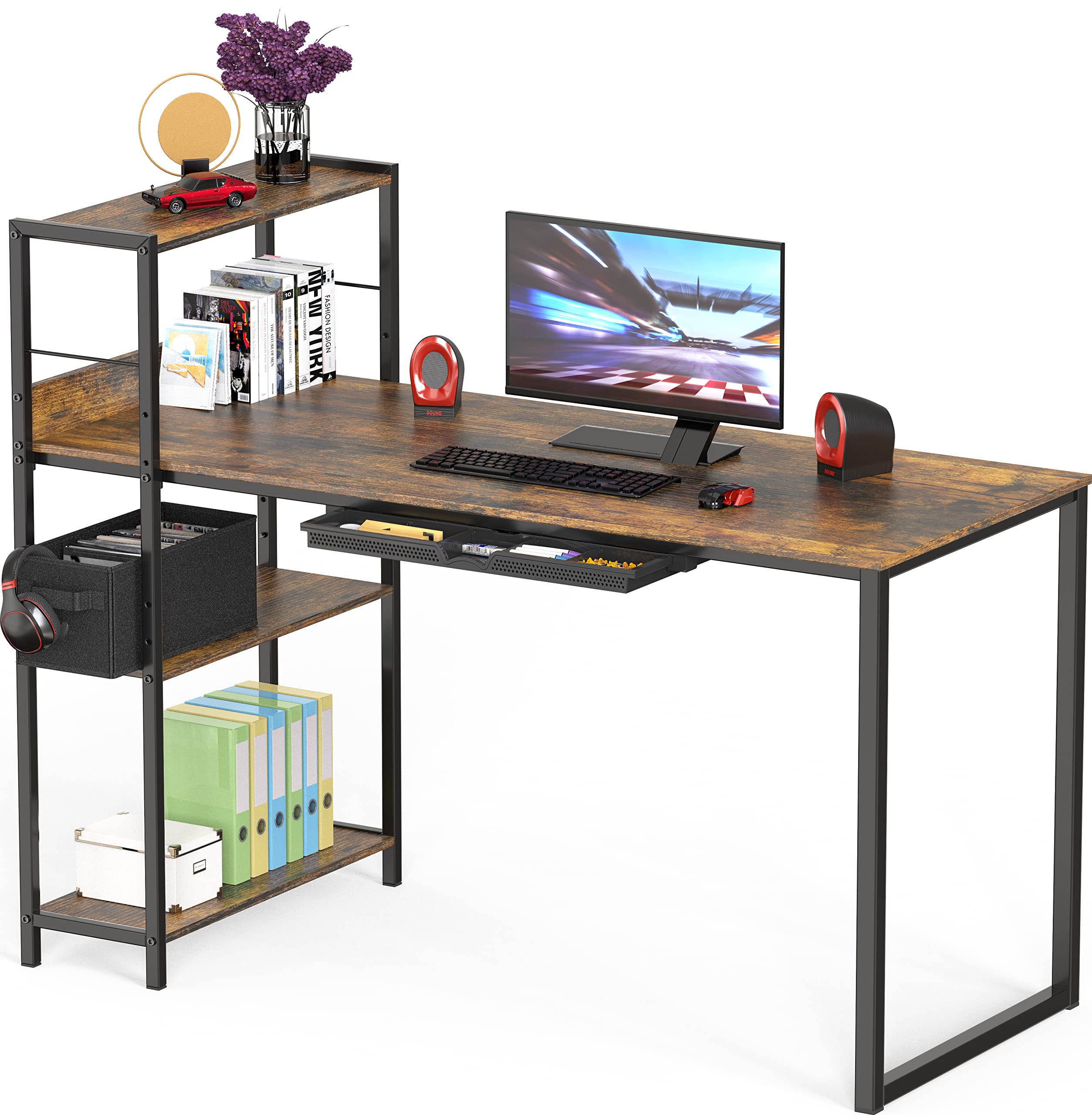 SHW 46-Inch Computer Desk with Adjustable Side Shelf and Drawer, 24" Deep, Rustic Brown