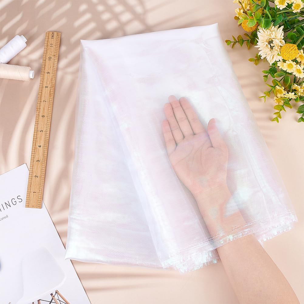 BENECREAT 3.3 Yard Magic White Rainbow Laser Gradient Organza Lace Fabric, Iridescent Holographic Gauze Fabric for Bridal Veils Dress, DIY Crafts Curtain Home Decor