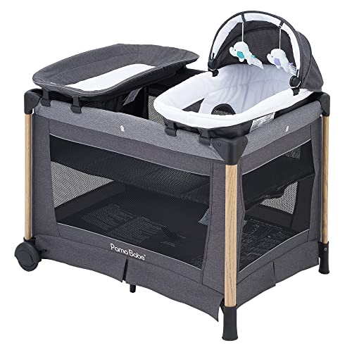 Pamo Babe Deluxe Baby Playard with Foldable Mattress, Large Changing Table,Detachable Childcare Center (Black)