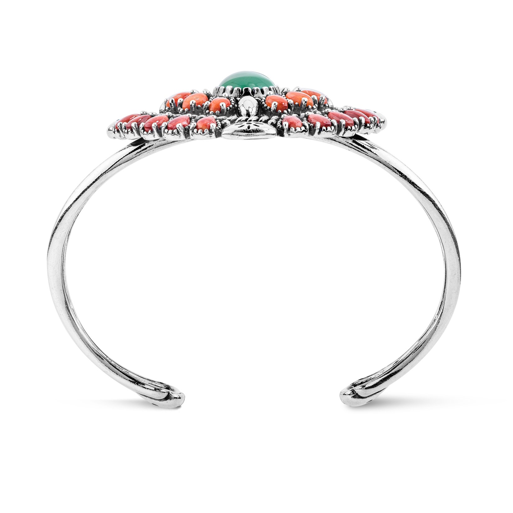 American West Sterling Silver Green Turquoise, Orange and Red Spiny Oyster Shell Gemstone Cuff Bracelet Size Medium