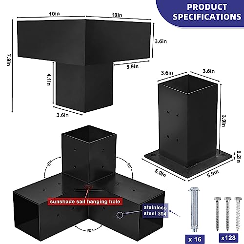 TPSHKE 4 Pack 4"×4" 3-Way Right Angle Corner Pergola Brackets & Post Base Kits,Aluminum Alloy Pergola Kits with Screws for 4x4 Inch (Actual 3.6"x 3.6") Wood Beams