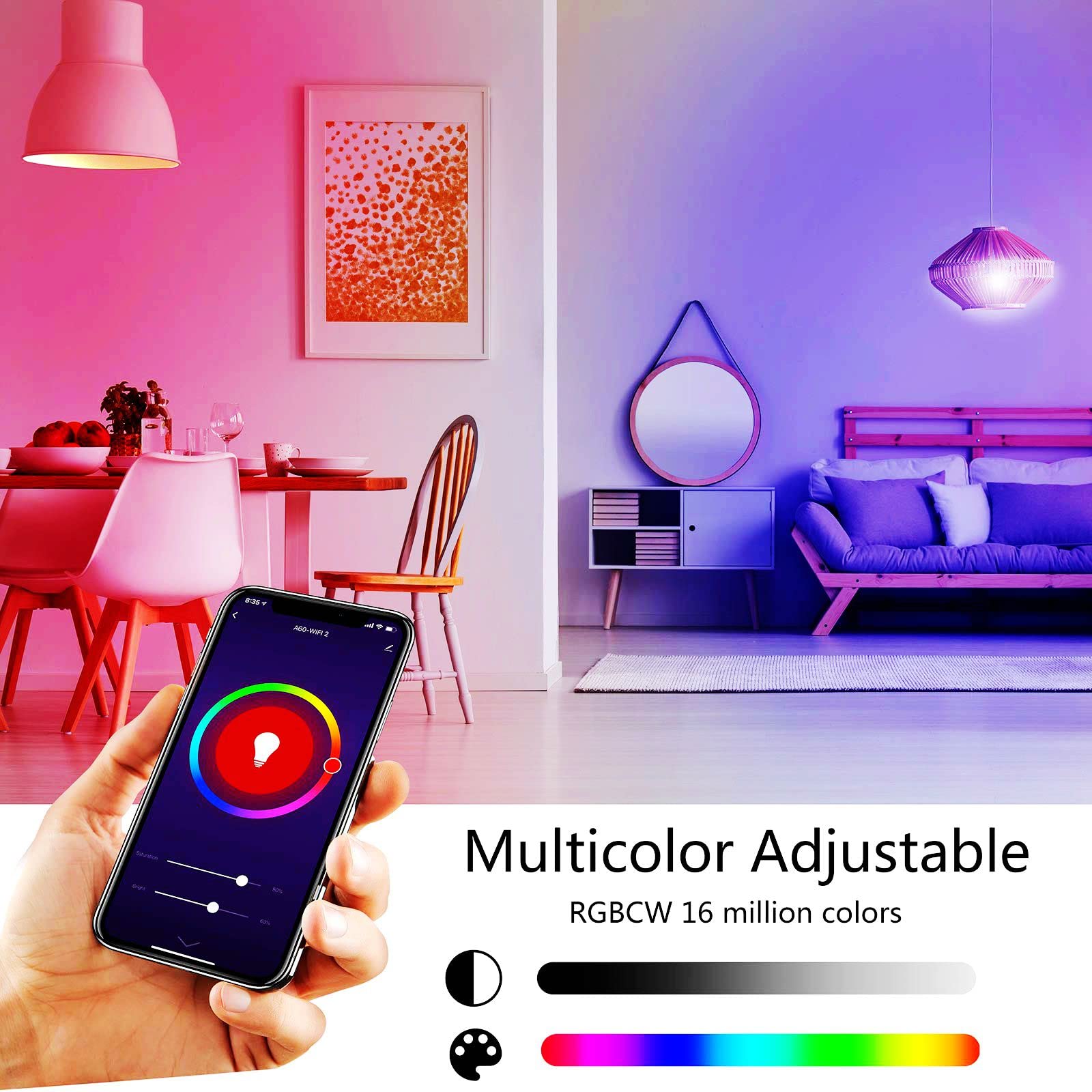 Alexa Smart WiFi Light Bulb, 9W RGBCW Color Changing Led Bulb Compatible with Alexa Echo Google Home and Siri, 2700K-6500K 900LM Dimmable A19 E26 80W Equivalent, No Hub Required - 4 Packā¦