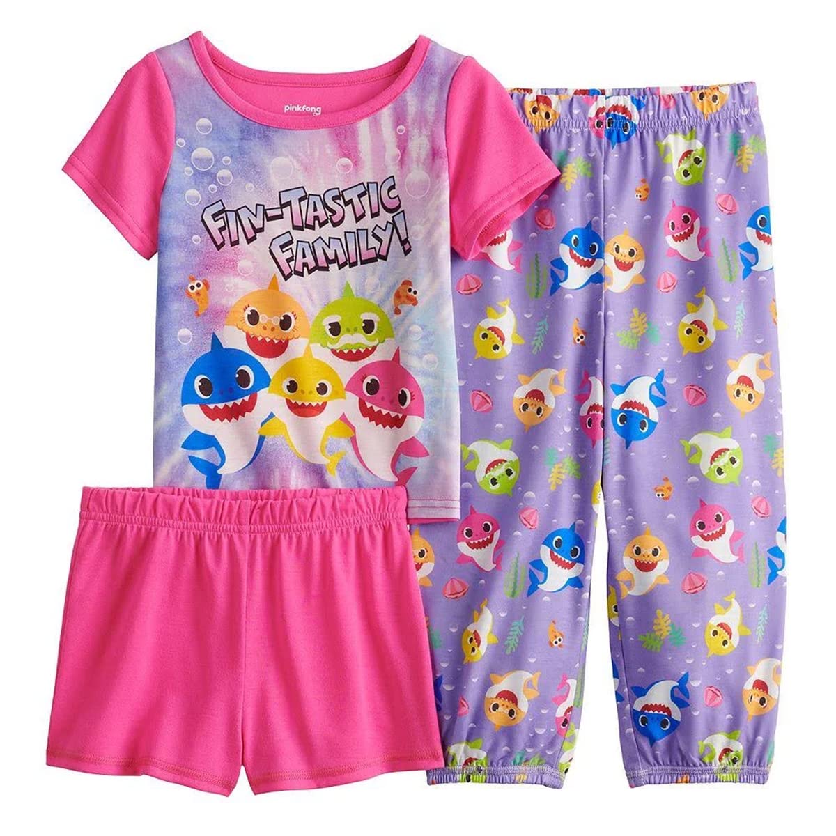 Baby Shark Girls FIN-TASTIC FAMILY 3pc Pajama Set, Fuchsia, 4T