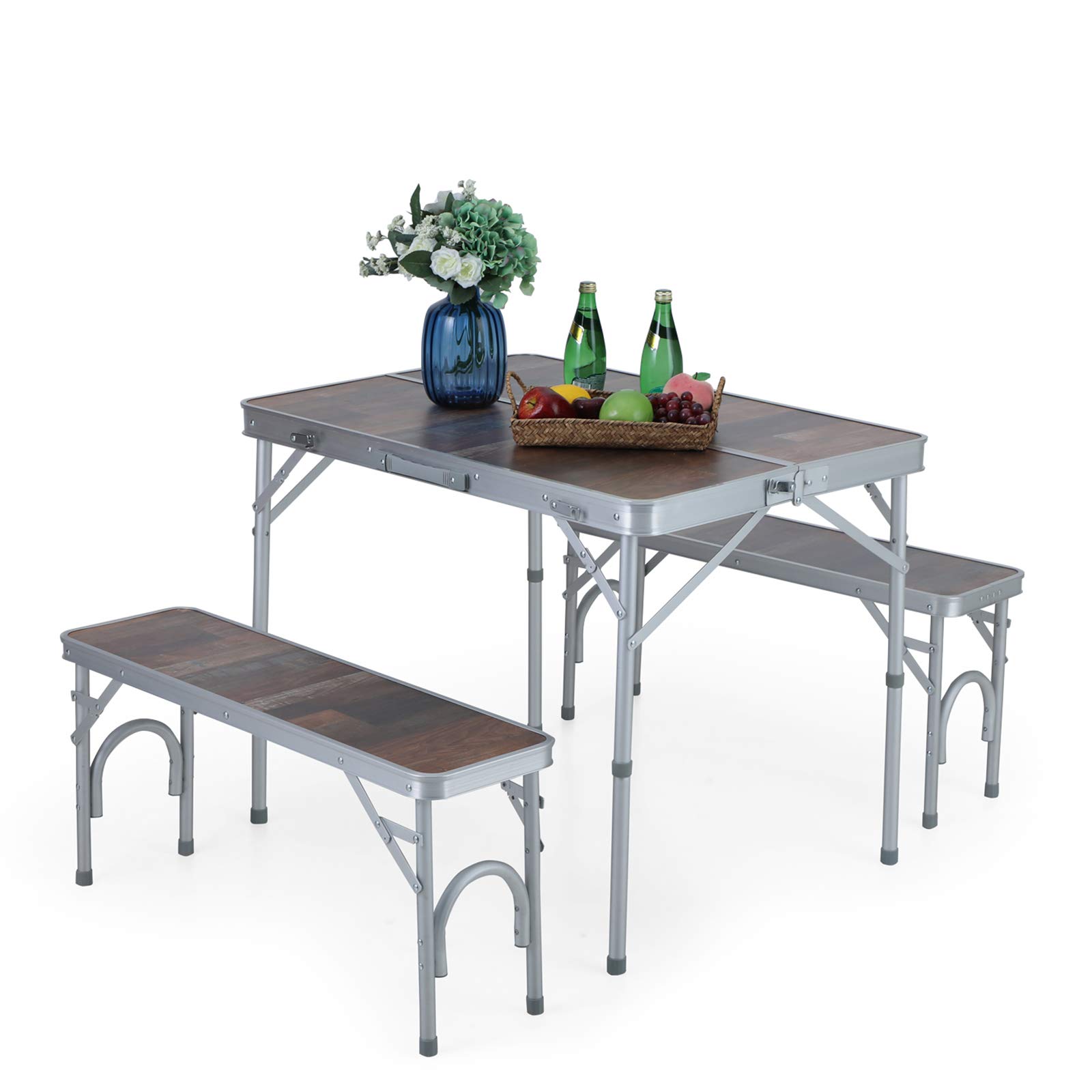 ALPHA CAMP 3PCS Folding Camping Table and Benches Set 4FT Aluminum Camping Table Portable Picnic Dining Table Lightweight Folding Card Table w/Handle for Indoor Outdoor Patio Backyard Party