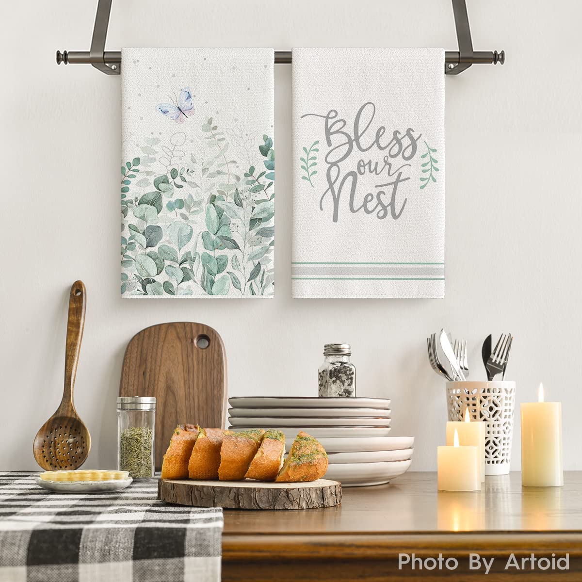 Artoid Mode Vase Eucalyptus Leaves Bless Our Nest Kitchen Towels Dish Towels, 18x26 Inch Seasonal Spring Summer Decoration Hand Towels Set of 4