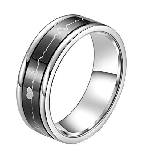 ALEXTINA 7MM Smooth Stainless Steel Spinner Rings for Women Men Heartbeat Couple Rings Black Size 6