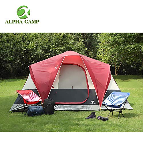 ALPHA CAMP 6 Person Tent Extended Dome Tent for Camping Waterproof with Rainfly and Carry Bag - 12' x 10' (Red)