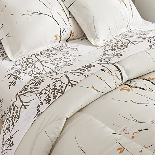 UOZZI BEDDING Cream White Bed in a Bag Twin 6 pc Branch Style All Season Soft Microfiber Reversible Bed Comforter Set (1 Comforter 2 Pillow Shams 1 Flat Sheet 1 Fitted Sheet 1 Pillowcases)