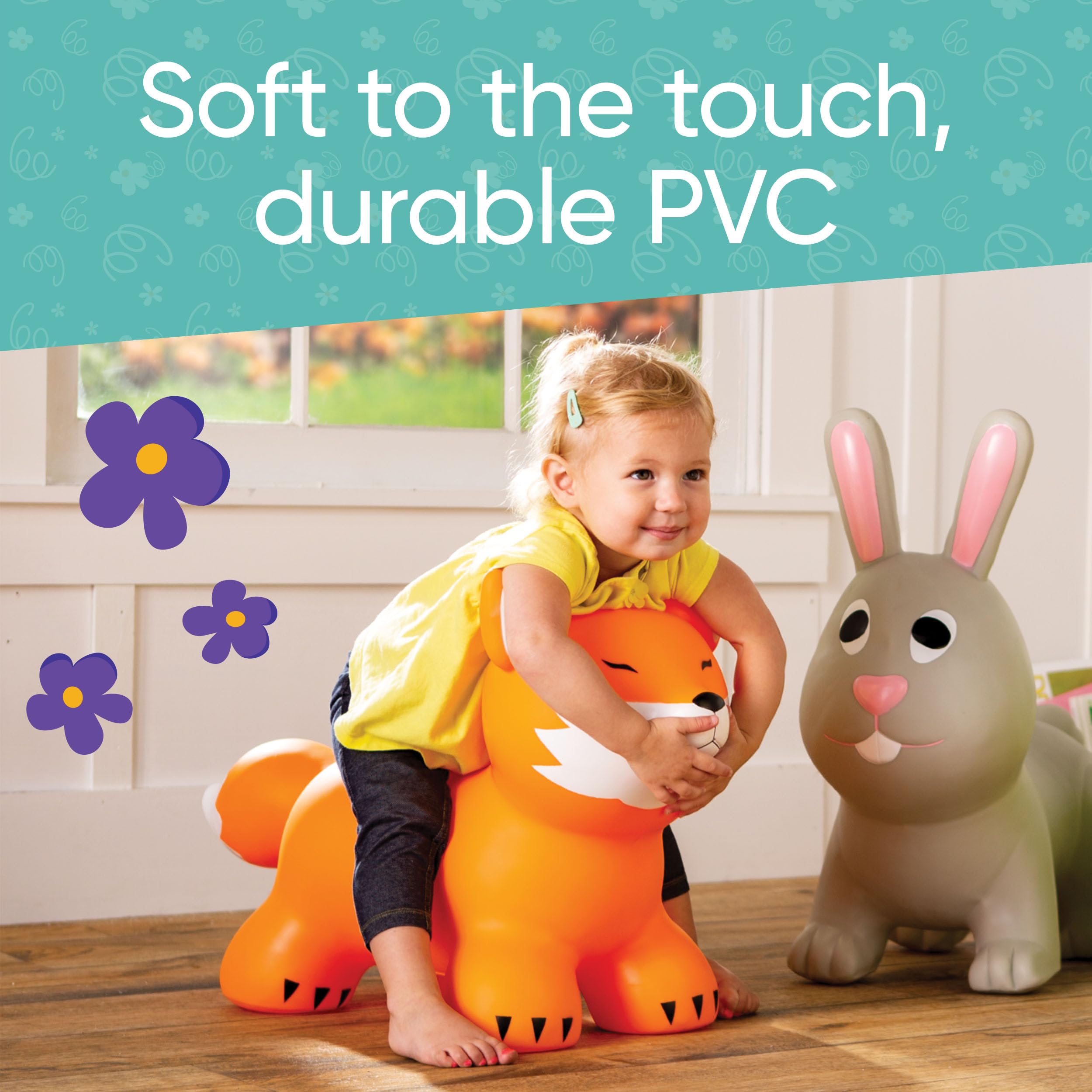 Hearthsong Bouncy Inflatable Animal Jump-Along, 28”L x 13.5”W x 17.5”H, Hand Pump Included, 150 lbs., Ages 12 Months and Up, Fox