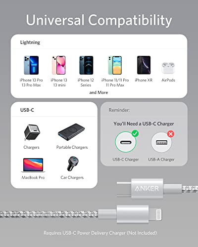 Anker Nylon USB C to Lightning Cable [10ft MFi Certified] for iPhone 13 13 Pro 12 Pro Max 12 11 X XS XR 8 Plus, AirPods Pro, Supports Power Delivery (Silver)