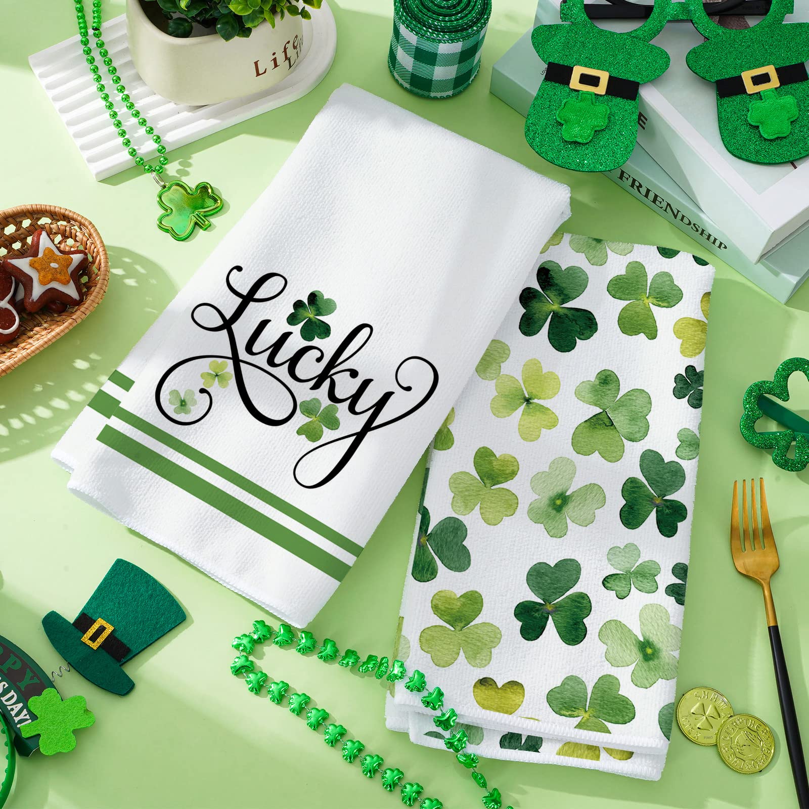 AnyDesign St. Patrick's Day Kitchen Towel 18 x 28 Inch Watercolor Lucky Shamrock Dish Towel Hand Drying Tea Towel for Cooking Baking Cleaning Wipes, Set of 2