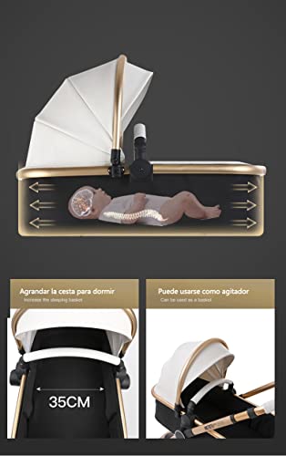 Baby Stroller Baby Carriage PU Leather Pushchair Pram, High Landscape Infant Stroller & Reversible Bassinet Pram, Foldable Newborn Stroller with Adjustable Canopy, Cup Holder, Storage Basket (A-White)