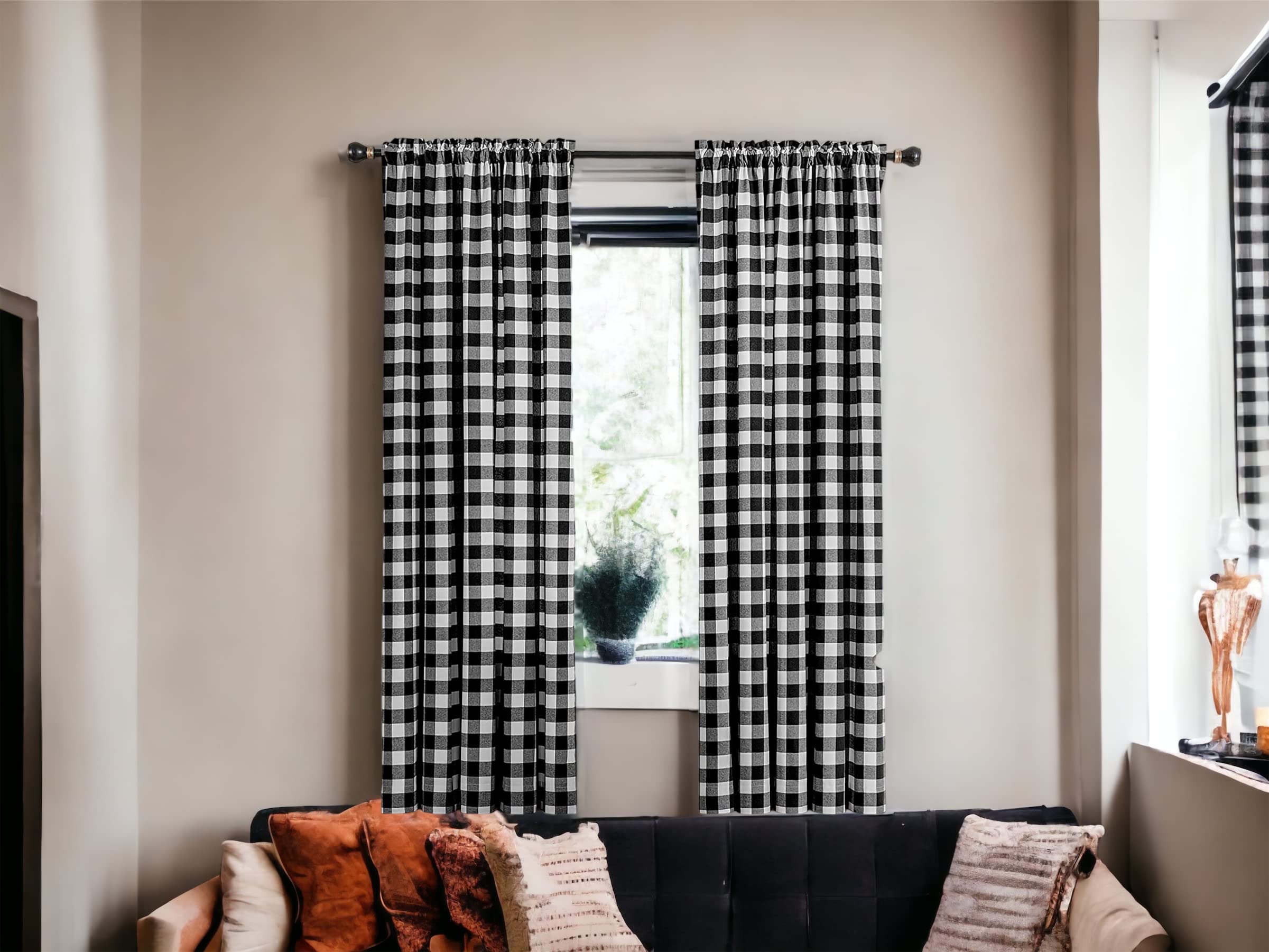Alpha Living Home Farmhouse Cotton Black and White Buffalo Gingham Check Window Curtains, 50" x 72" 2 Pack Gingham Check Curtain - Black White Bedroom Curtain 72 Inches, Check Tab Top Curtains