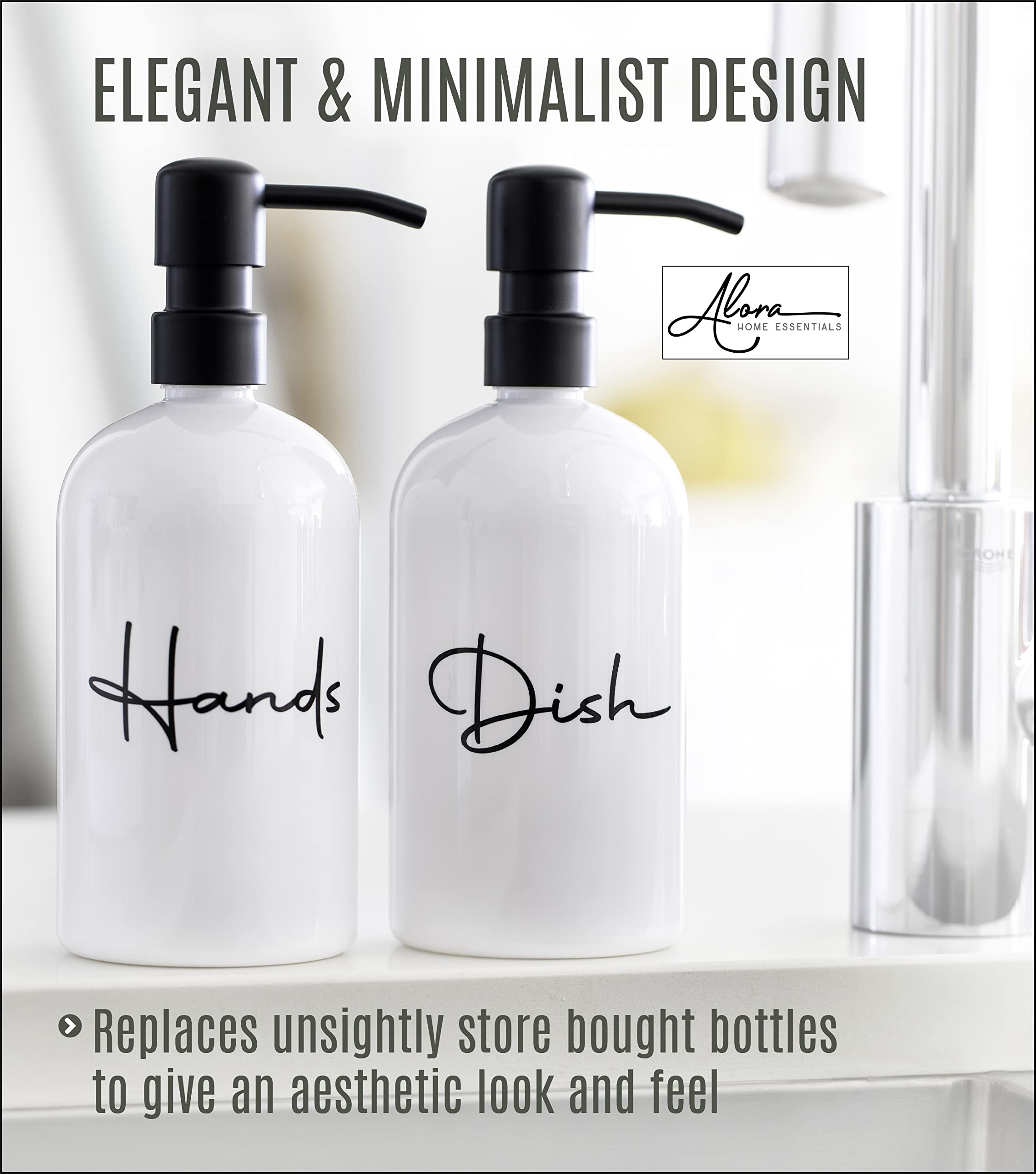Alora Hand Soap Dispenser and Liquid Dish Soap Dispenser for Kitchen Sink - Set of 2 - Black Metal Pumps - Reusable Plastic Bottle with Easy to Read Lettering - Countertop Replacement Refill