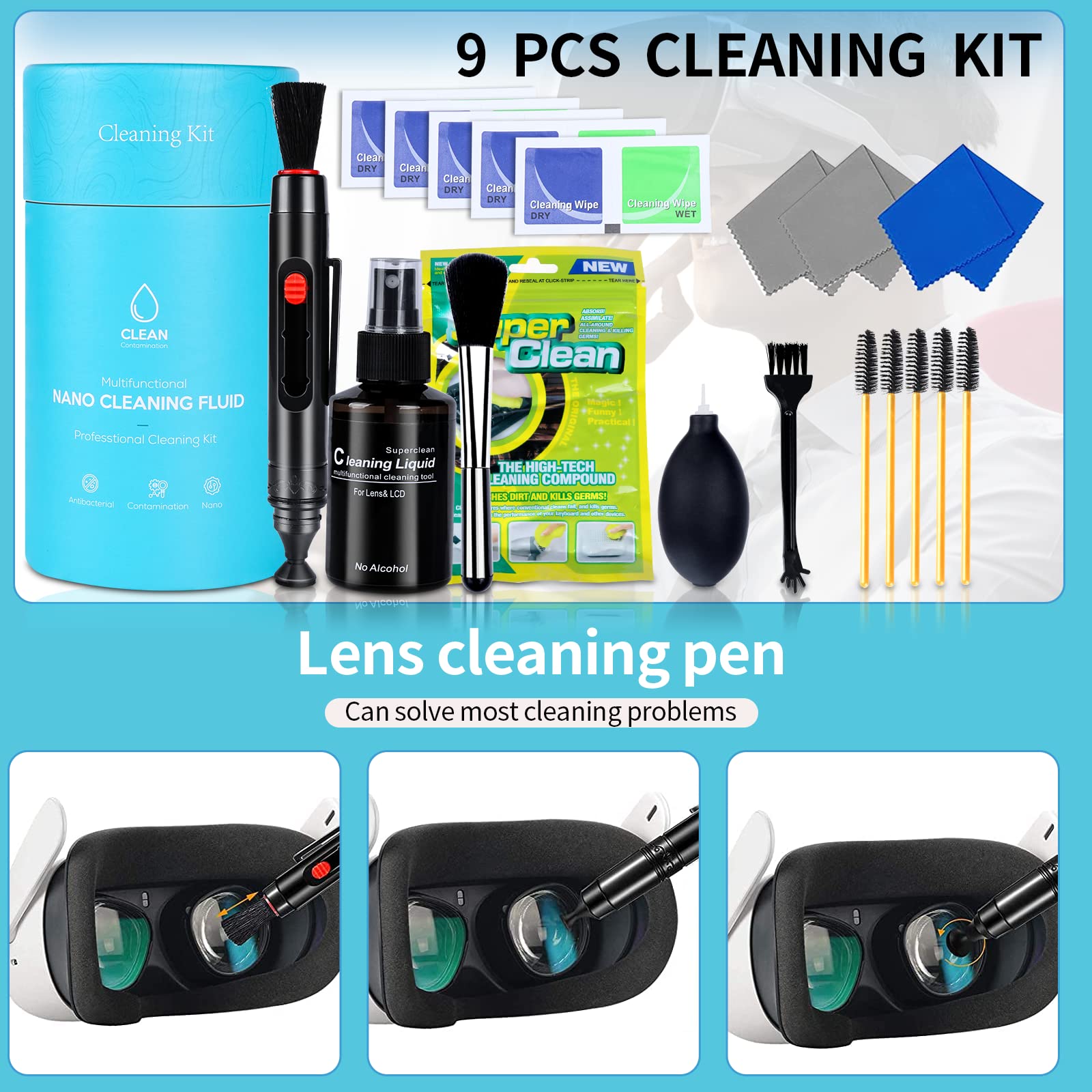 AKIKI VR Headset Cleaning Kit, Lens Cleaner kit for Meta/Oculus Quest 2 Quest RiftS HTC Vive Pro Cosmos Elite Valve Index PS4 VR Pimax Pico VR Headset,Microsoft HoloLens,Cameras,Optical Lens Dust