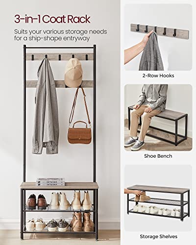 VASAGLE Coat Rack, Hall Tree with Shoe Storage Bench, Entryway Bench with Shoe Storage, 3-in-1, Steel Frame, for Entryway, 12.6 x 27.6 x 69.8 Inches, Industrial, Greige and Black UHSR41MB