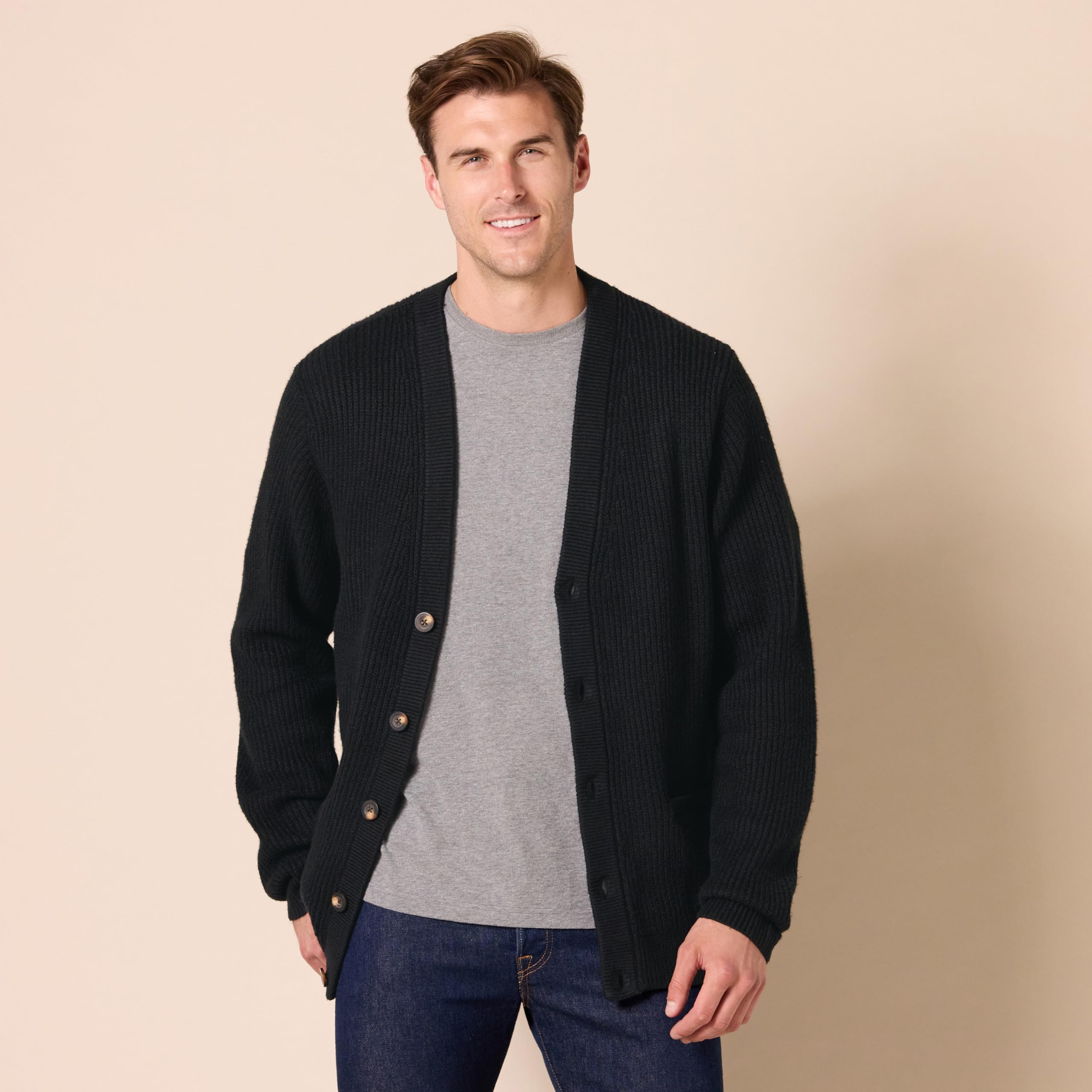 Amazon Essentials Men's Long-Sleeve Soft Touch Cardigan Sweater, Charcoal Heather, Large